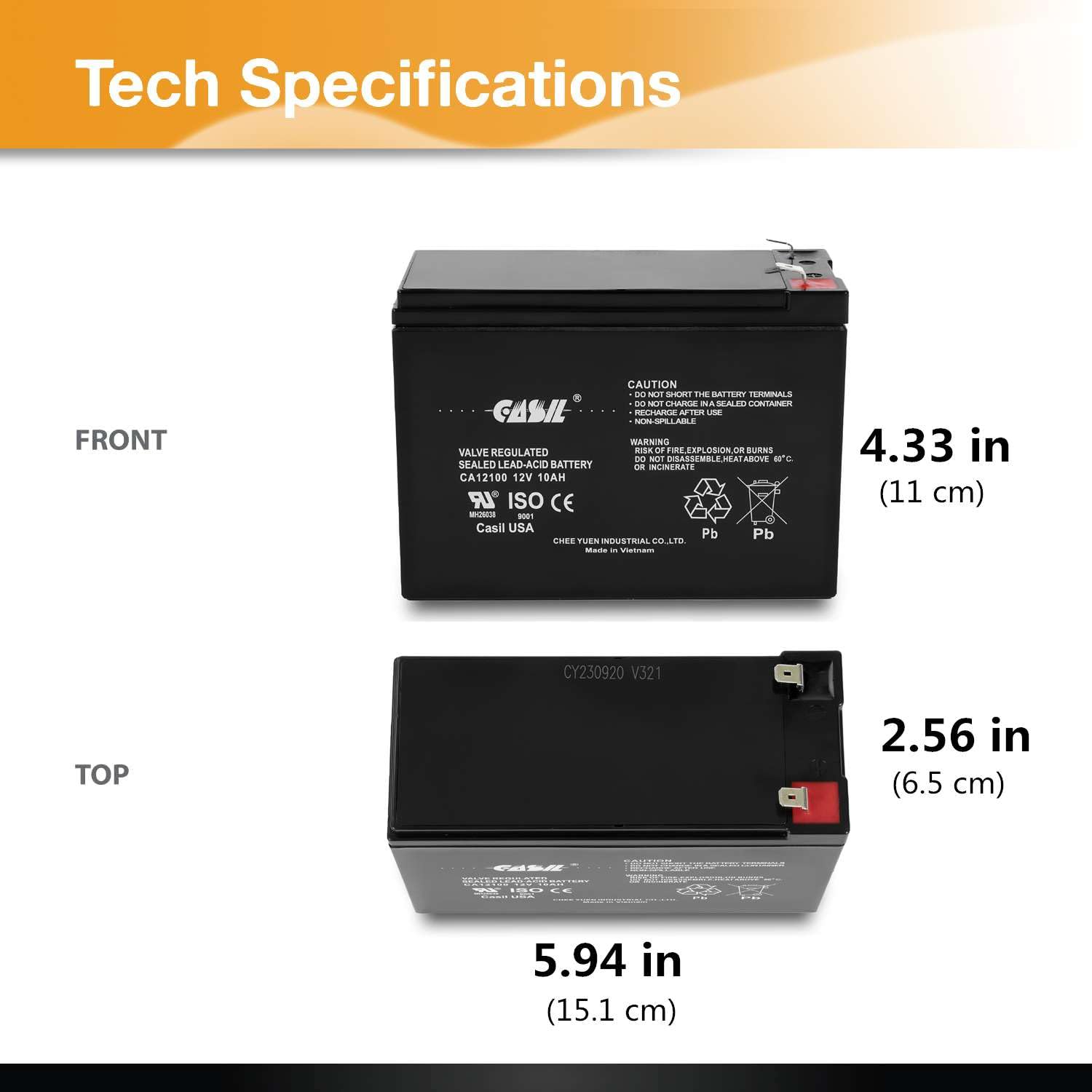 Casil 12V 10Ah Battery Sealed Lead Acid Rechargeable Battery SLA AGM Battery with F2 Terminals