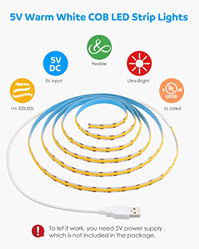 Aclorol USB COB LED Strip Lights Warm White Led TV Backlight 5V 1M 3.28FT 320Leds 3000K CRI85+ FCOB COB Flexible Lights with 1M USB Powered for Bedroom Under Cabinet Kitchen DIY Lighting Project