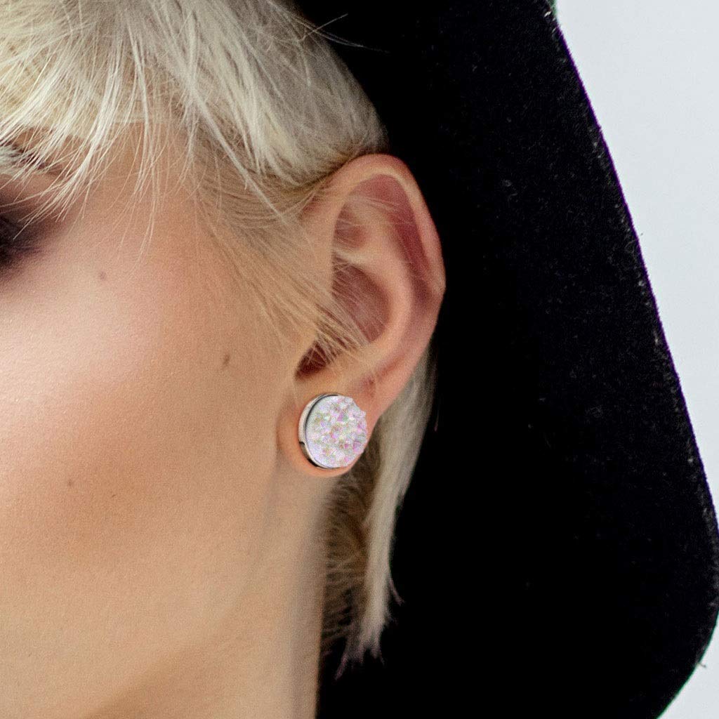 2 Pair Faux Druzy Stone Steel Ear Plugs Screw Fit Tunnels (2 Gauge (6mm))