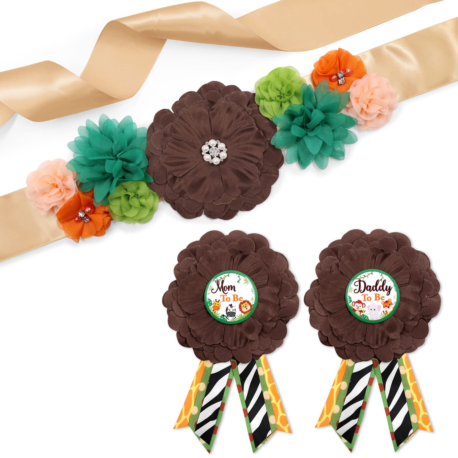 Safari Jungle Animals Maternity Sash Mom to Be Daddy to Be Corsage Set Jungle Safari Sash and Pins for Baby Shower Gender Reveal Keepsake Photo Props Pregnancy Flower Sash