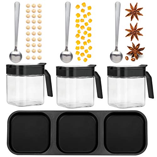 Mlici Condiment Jar Spice Container with Lids and Spoons, 8oz Clear Glass Condiment Canisters Pots Seasoning Box Salt Container Sugar Bowl Set of 3 for Kitchen, Counter, Food Storage