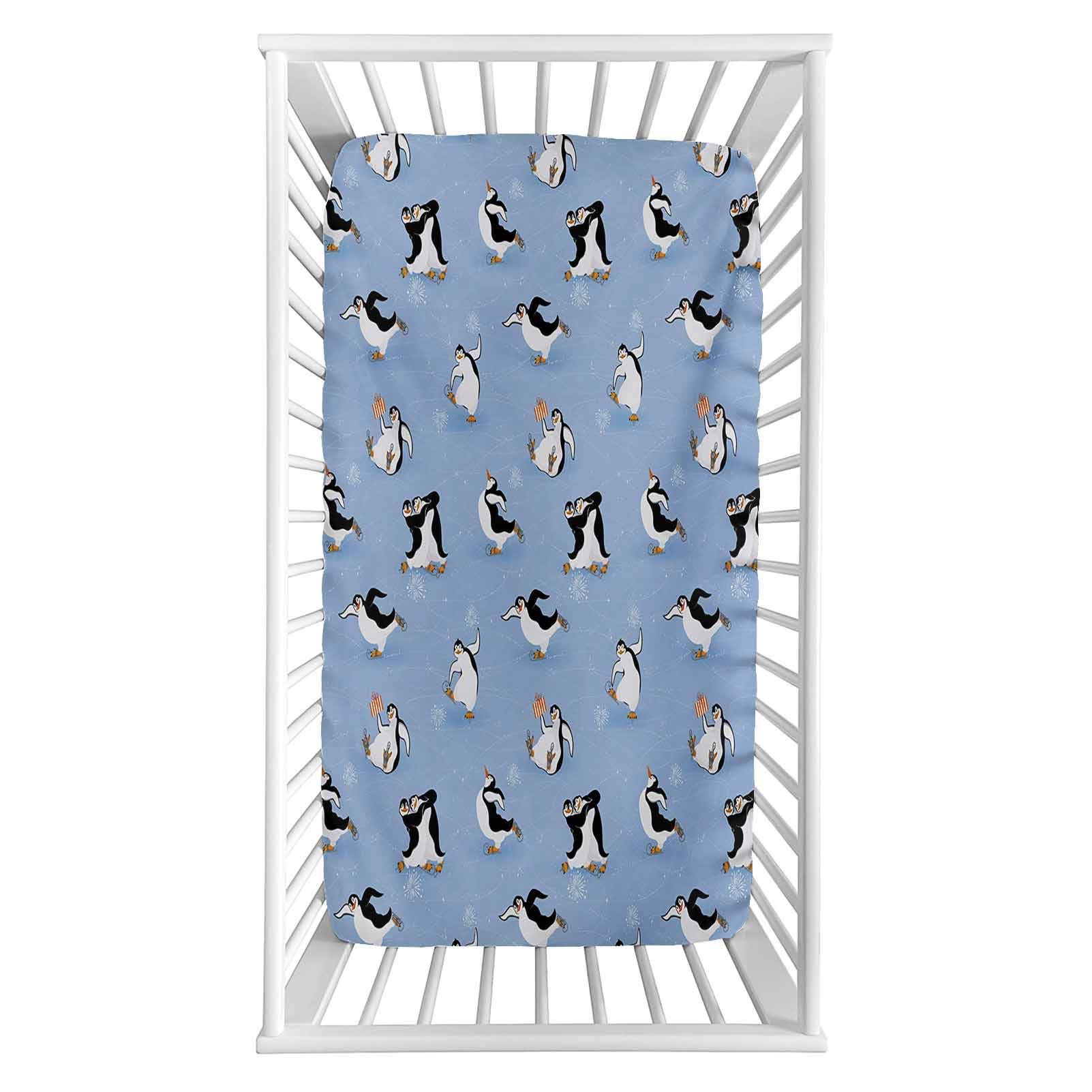 Cartoon Animal Fitted Crib Sheet,Skating Funny Penguins Fun Activity Cheerful Smiling Mascots Cute Couple Microfiber Silky Soft Toddler Mattress Sheet Fitted,28"x 52"x 8'',Baby Sheet for Boys Girls