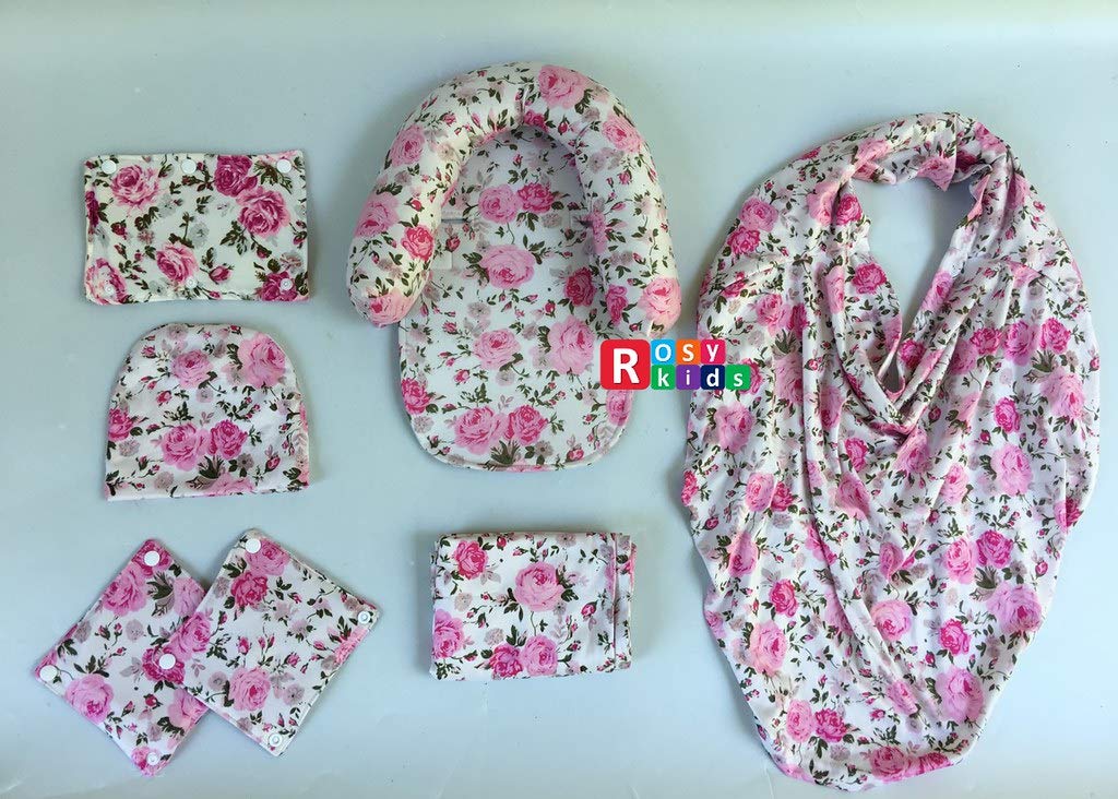 9pc Ultimate Set of Infant Car Seat Cover Canopy Headrest Blanket Hat Nursing Scarf, 25JE02