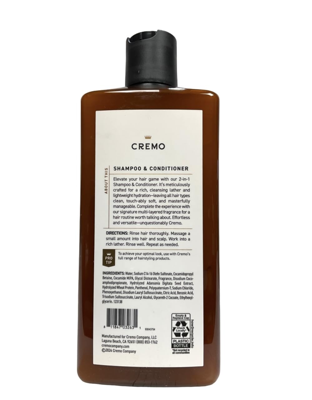 Cremo Bourbon & Oak 2-in-1 Shampoo & Conditioner, Barber Grade Quality That Moisturizes and Cleanses All Hair Types, 16 Fluid Ounce