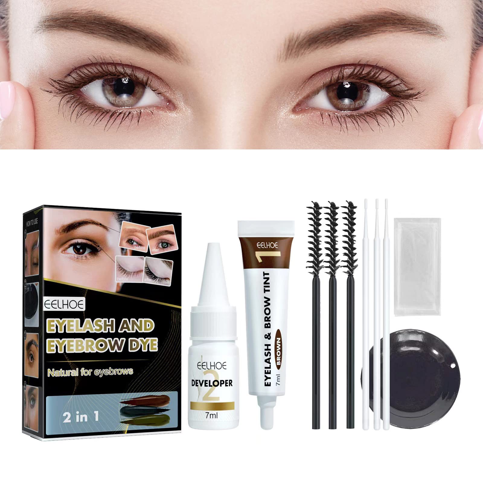 2 in 1 Eyebrow and Eyelash Color Kit 65g, Instant Brow & Lash Brown Color Makeup, Darker & Fuller | Tools Included, Semi-Permanent Coloring Effect Lasts 8 Weeks, Professional for Salon Home Use (Brown)