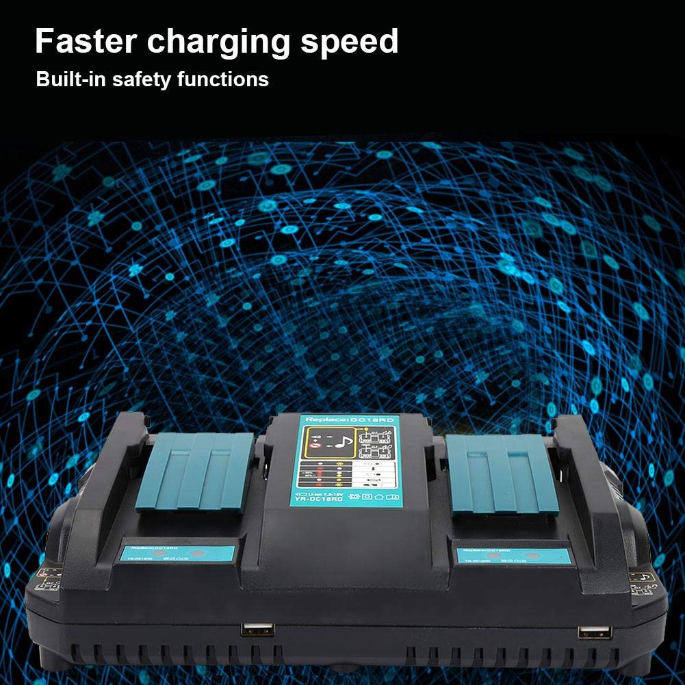 14.4-18V Lithium Battery Charger, Dual Port DC18RD Replacement for MAKITA Li-ion Battery Double Port US Plug 110V