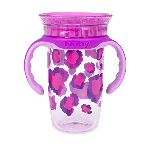 Nuby 360 Edge 2 Stage Drinking Rim Cup with Removable Handles & hygienic Cover: 10 Oz/ 300 Ml, 12M+, Leopard, Purple (80810)