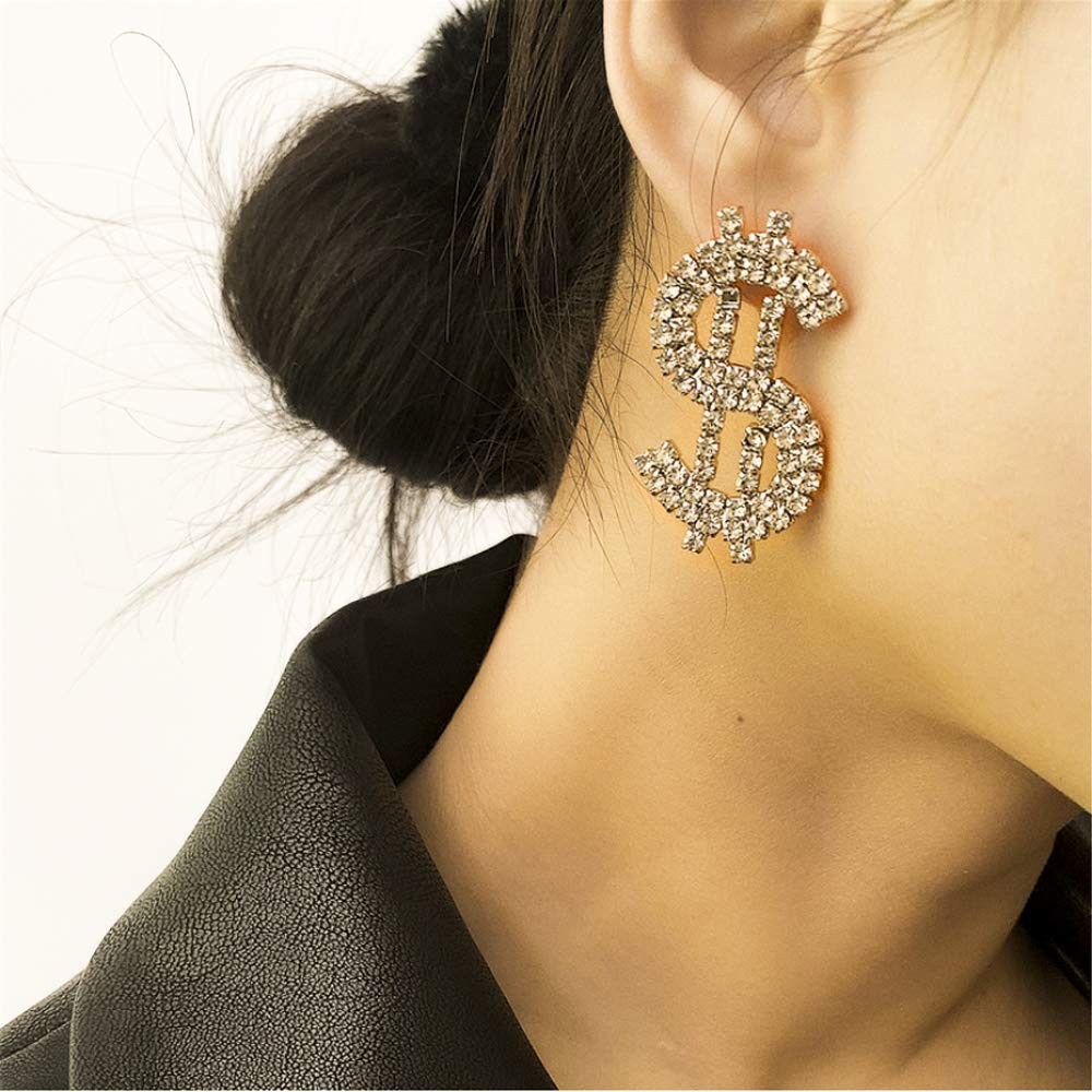 2 Pairs Crystal Dollar Sign Earrings for Women Money Dangle Earrings Gold and Silver KELMALL COLLECTION