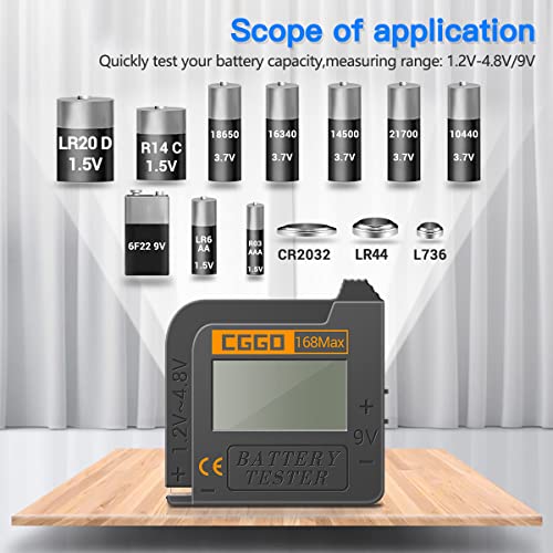 CGGO 168MAX Battery Tester,Suitable for AA AAA C D 9V 1.5V Button Cell Batteries,Portable Universal Digital Battery Charge Checker,Black