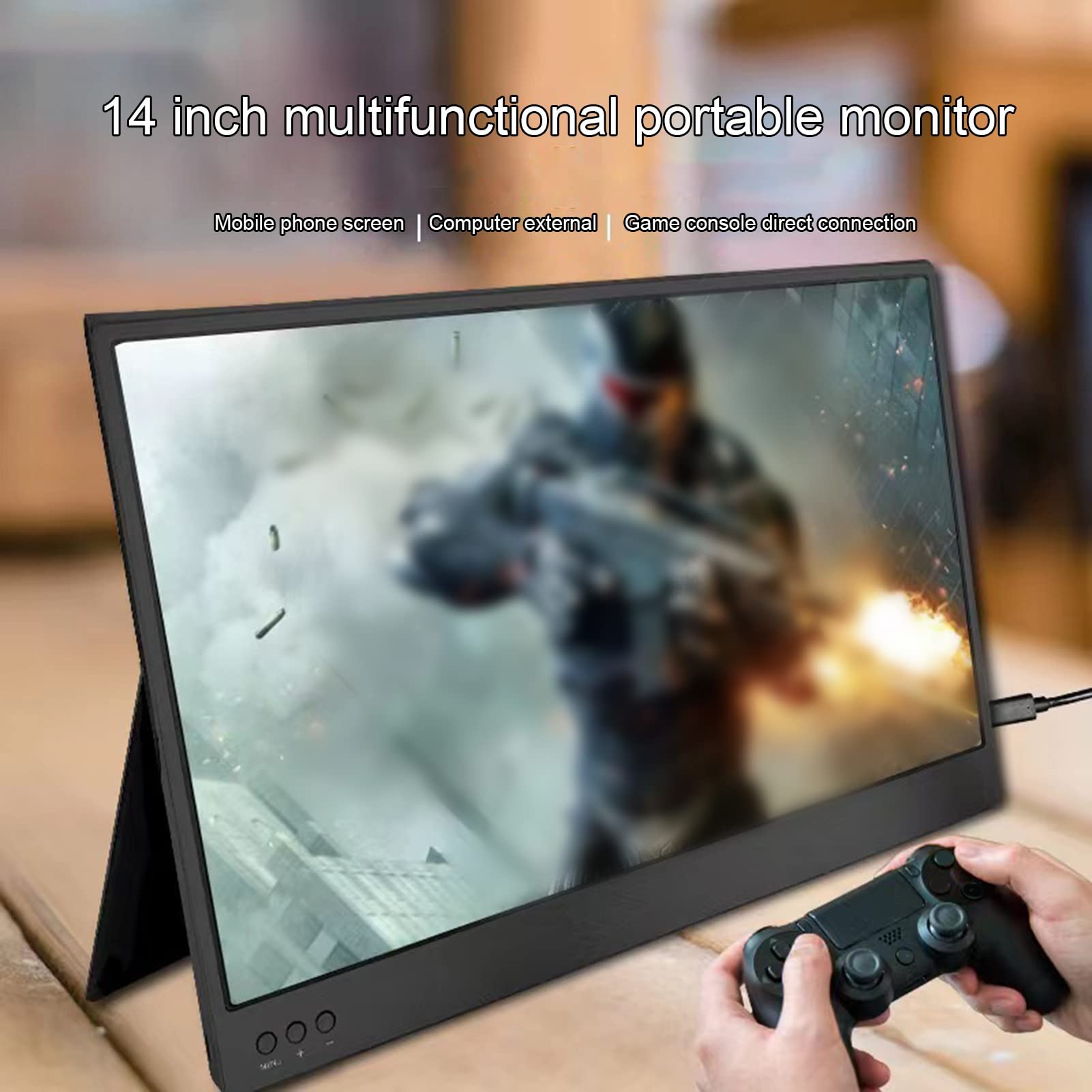 14''Portable Monitor Universal IPS Panel 1080P High-Clarity Narrow Side Wide Angle Screen Extension Built-in Dual Speakers Notebook Computer Phone Gaming Display Game Accessories Black