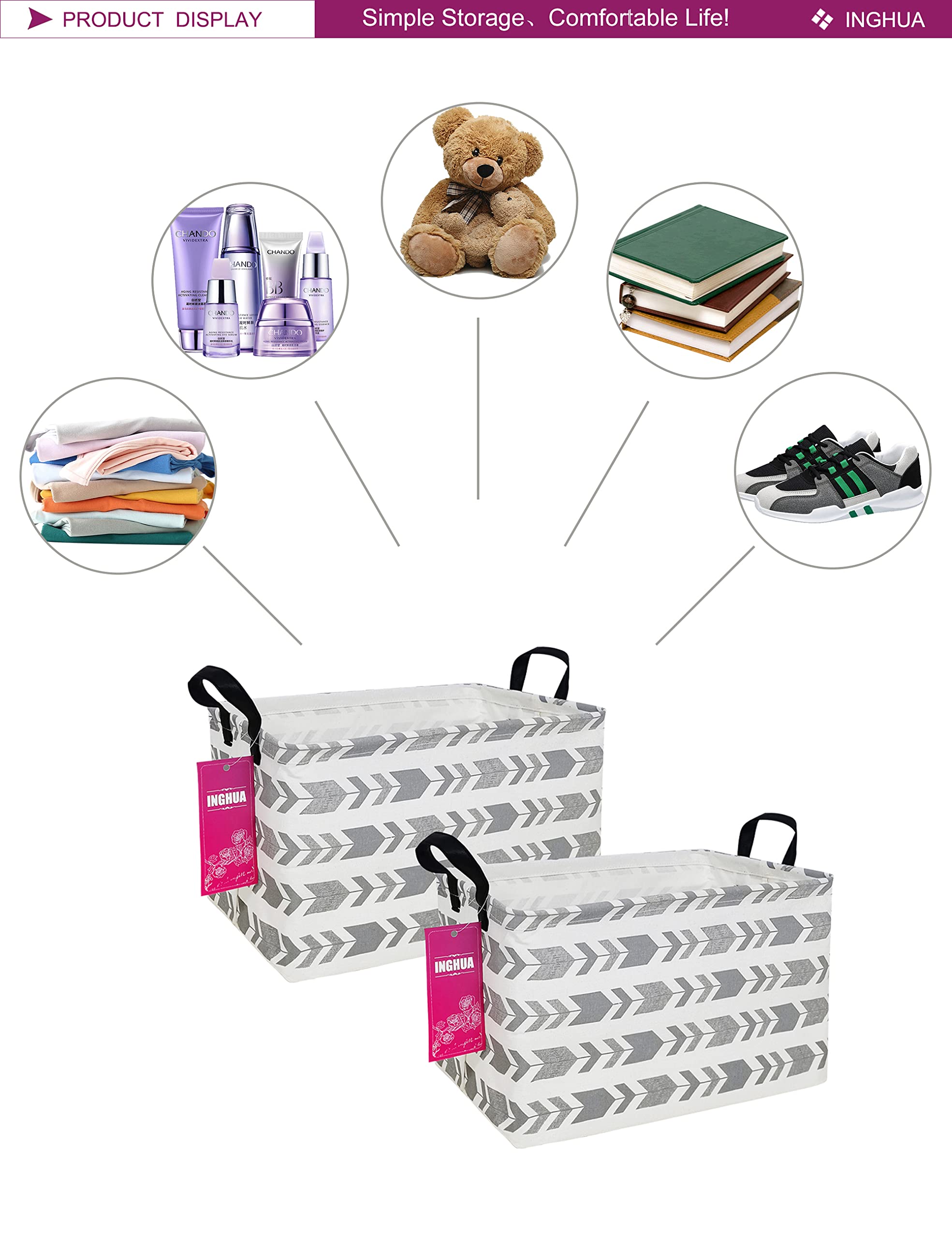 INGHUA 2 Packs Rectangular Storage Basket Fabric Organizer Bin for Toys,Books,Clothes,Gifts,Pets-Perfect for Home,Office,Nursery,Dorm,Shelf(Rec-2-Grey Arrow)