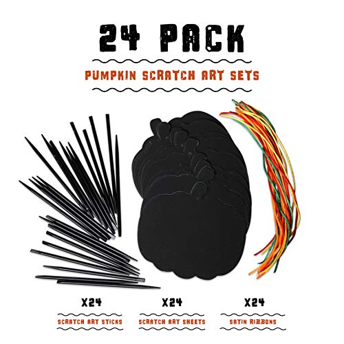 Neliblu Halloween Scratch Art Trick or Treak Paper Crafts Kit Bulk Pack of Halloween Pumpkins with Magic Rainbow Colors - 24 Pumpkin Ornaments, 24 Scratch Sticks, 24 Ribbons