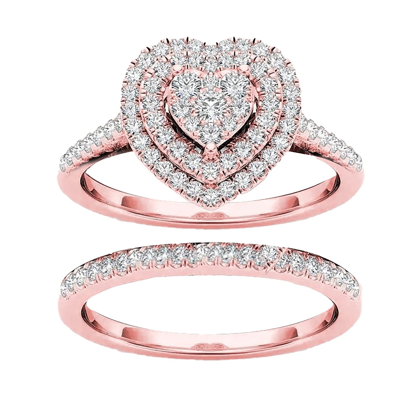 2 in 1 Full Diamond Inlaid Ring 2pc Fashion Heart Shaped Ring Engagement Wedding Jewelry Gift