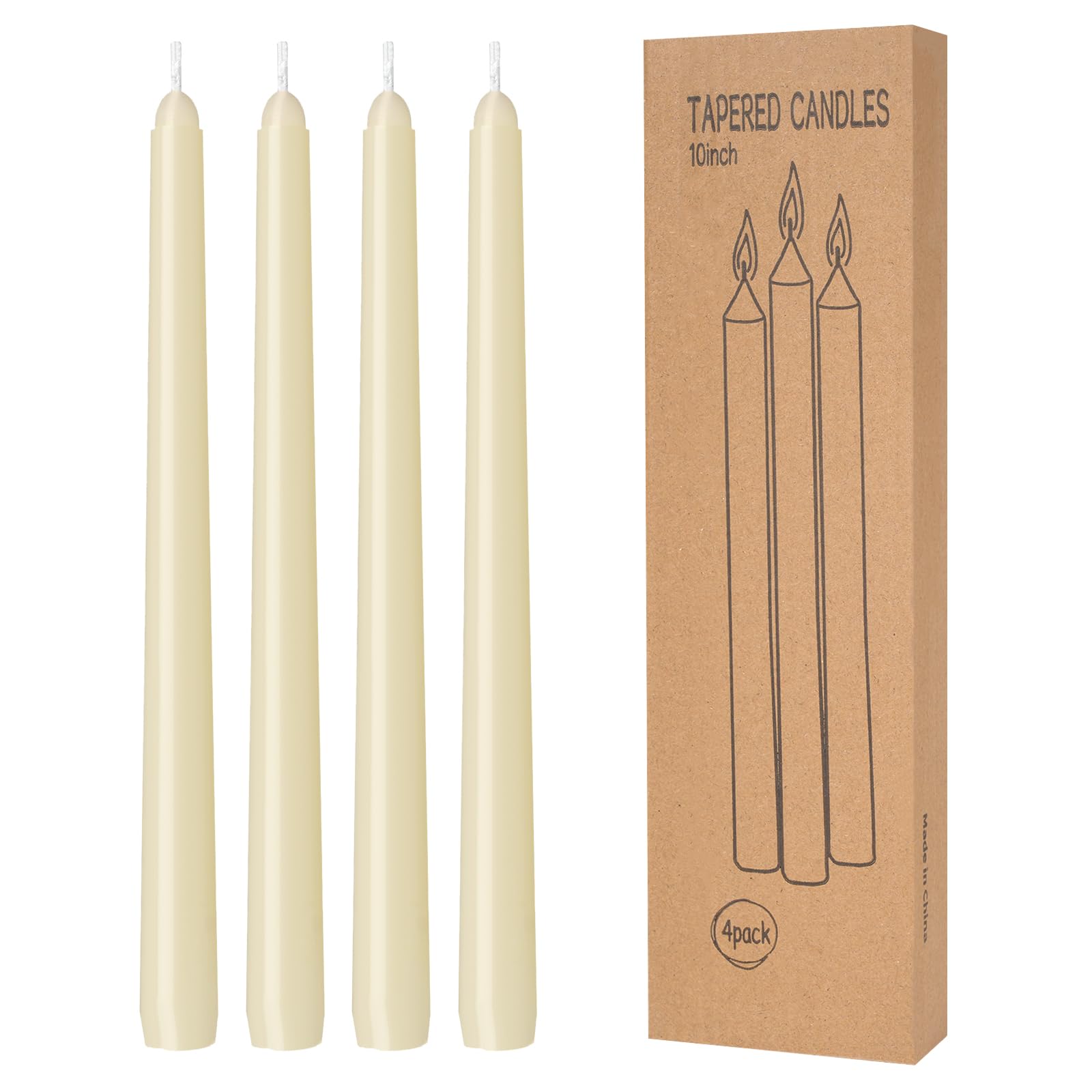 4 Pack Ivory Taper Candles - Taper Candles 10 Inch Dripless, Smokeless & Unscented - 8 Hours Long Burning - Hand Poured Tall Candlesticks - Ideal for Weddings, Dinner Parties, and Home Decor