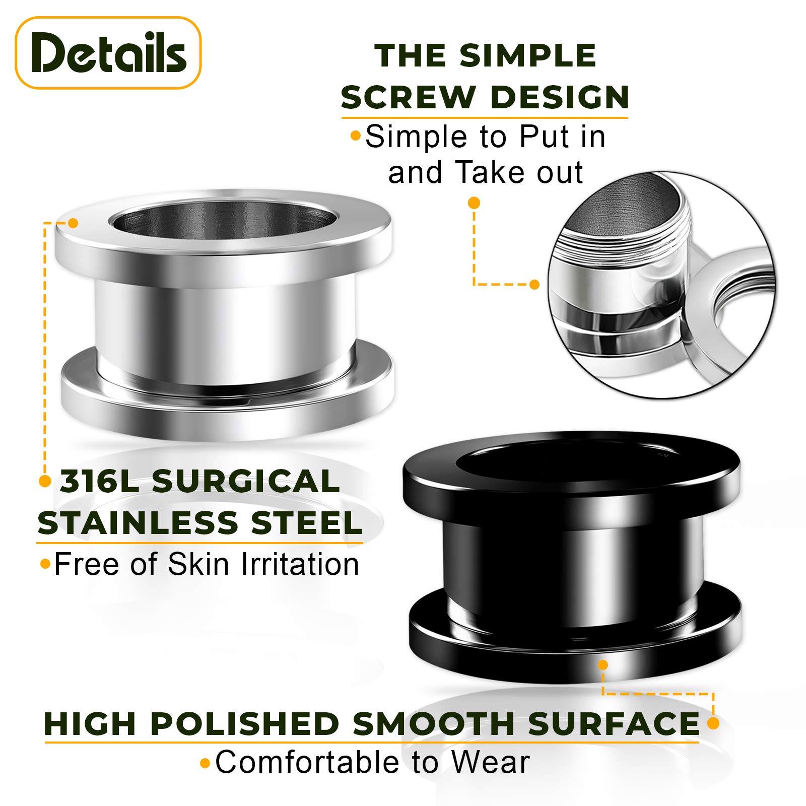 2 Pairs Surgical Steel Gauges 12 mm Screw tunnels Piercing Jewelry Earring Black Anodized Stretcher Plug Tunnel Lobe BG0654