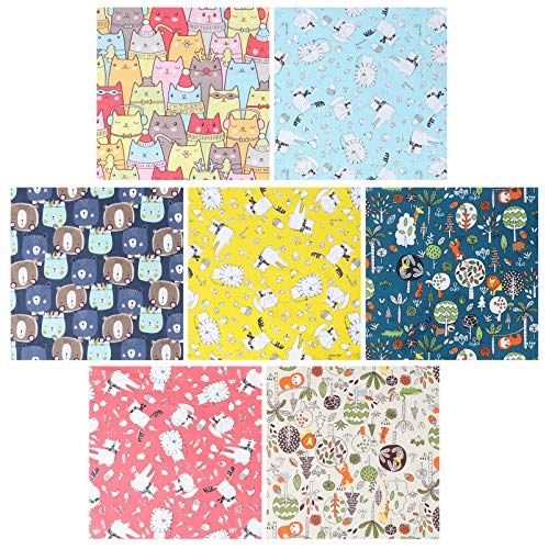 HEALLILY Kids Sheets 7pcs Animal Printed Cotton Fabric Sewing Fabric Squares Quilting DIY Sewing Precut Fabric Sheets Patchwork Quilted Bed Sheets