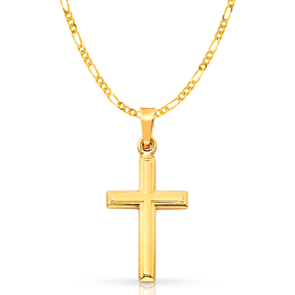 14K Yellow Gold Cross Pendant with 1.9mm Figaro 3+1 Chain Chain Necklace - 22"