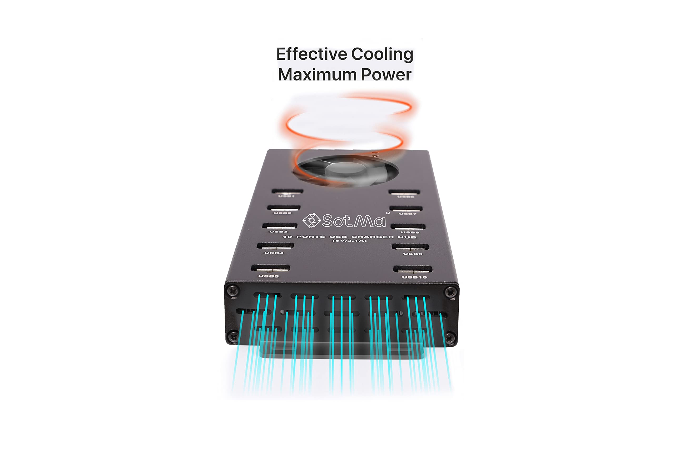 Premium Design USB 2.0 Hub - Multi-Safety Protection 10-Port Powered USB Hub 2.0 with AC Adapter - USB Splitter with Cooling Fan and Mounting Brackets - Aluminum Charging Hub for Multiple Devices