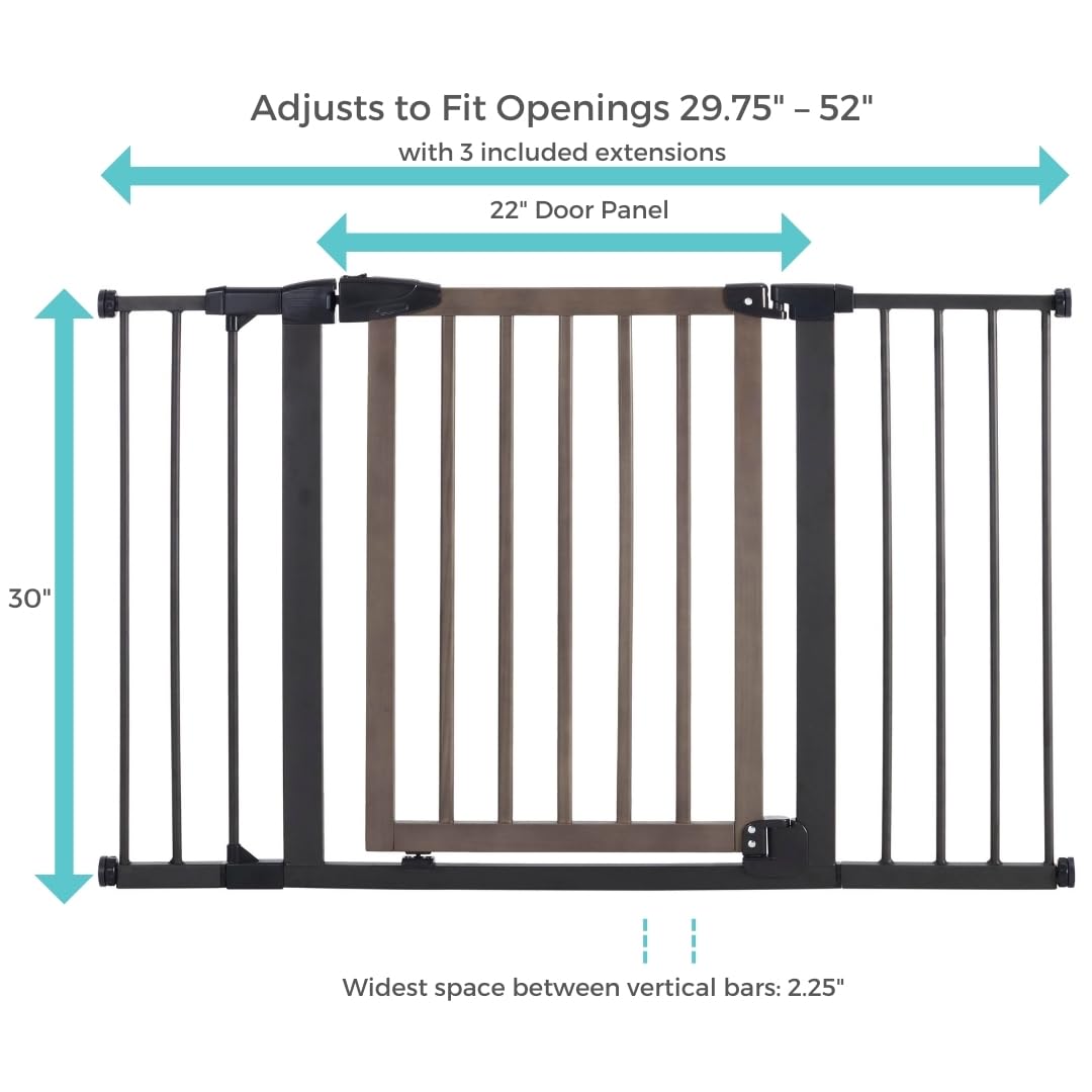 Toddleroo by North States Driftwood Extra Wide Auto Close Baby Gate: Self-Closing Child Gate with Hold-Open Feature. Pressure Mounted Baby Gate, Fits 29.75β to 52β Wide. (30" Tall, Graphite and Wood)