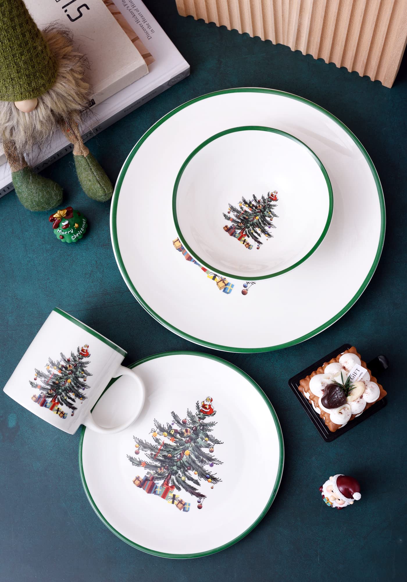16 Piece Christmas Dishes Dinnerware Sets, Christmas Tree Dinnerware Set with Green Edge, Christmas Porcelain Dinnerware Set for Christmas (4×10.5 Inch Plates, 4×8 Inch Plates, 4×Bowls, 4×Mugs)