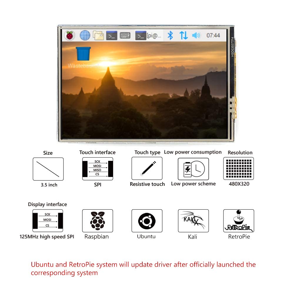 for Raspberry Pi 4 TFT 3.5 inch Touch Screen with Case, Mini Cooling Fan and Heatsink, 480x320 Resolution 60fps Monitor LCD Display