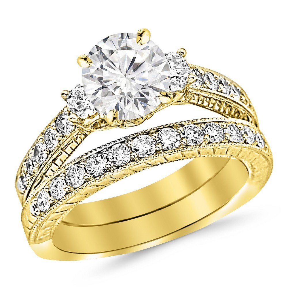 14K Yellow Gold 1.77 CTW Round Cut Three Stone Vintage With Milgrain & Filigree Bridal Set with Wedding Band & Diamond Engagement Ring, K Color SI1-SI2 Clarity 0.74 Ct Center