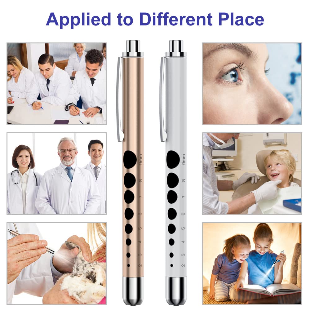 CAVN Pen Light for Nurses Medical with Pupil Gauge, Warm/White Light, Premium Aluminium Reusable Penlights for Doctors Nursing Students Rose Gold and White
