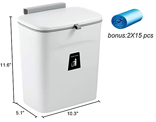 Lunies 2.4 Gal Compost Bin/Hanging Small Trash Can with Lid for Kitchen Cabinet Door/Counter Top/Under Sink/Bedroom/Bathroom/Cupboard White