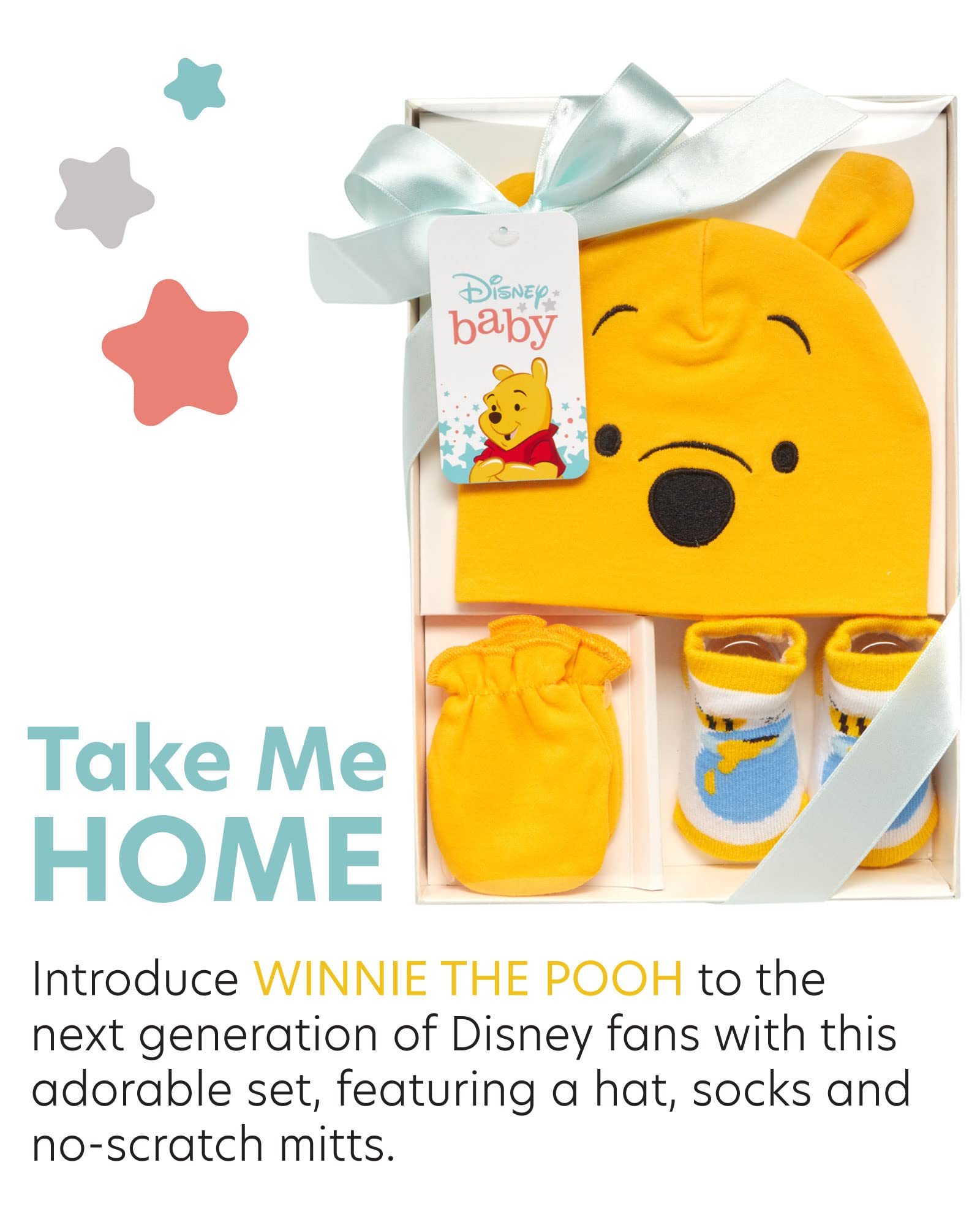 Disney Newborn Baby Boys’ Take Me Home Layette Gift Set: 3D Ear Hat, Socks and Mitten: Mickey Mouse, Winnie The Pooh, Size Age 0-3M, Pooh Bear