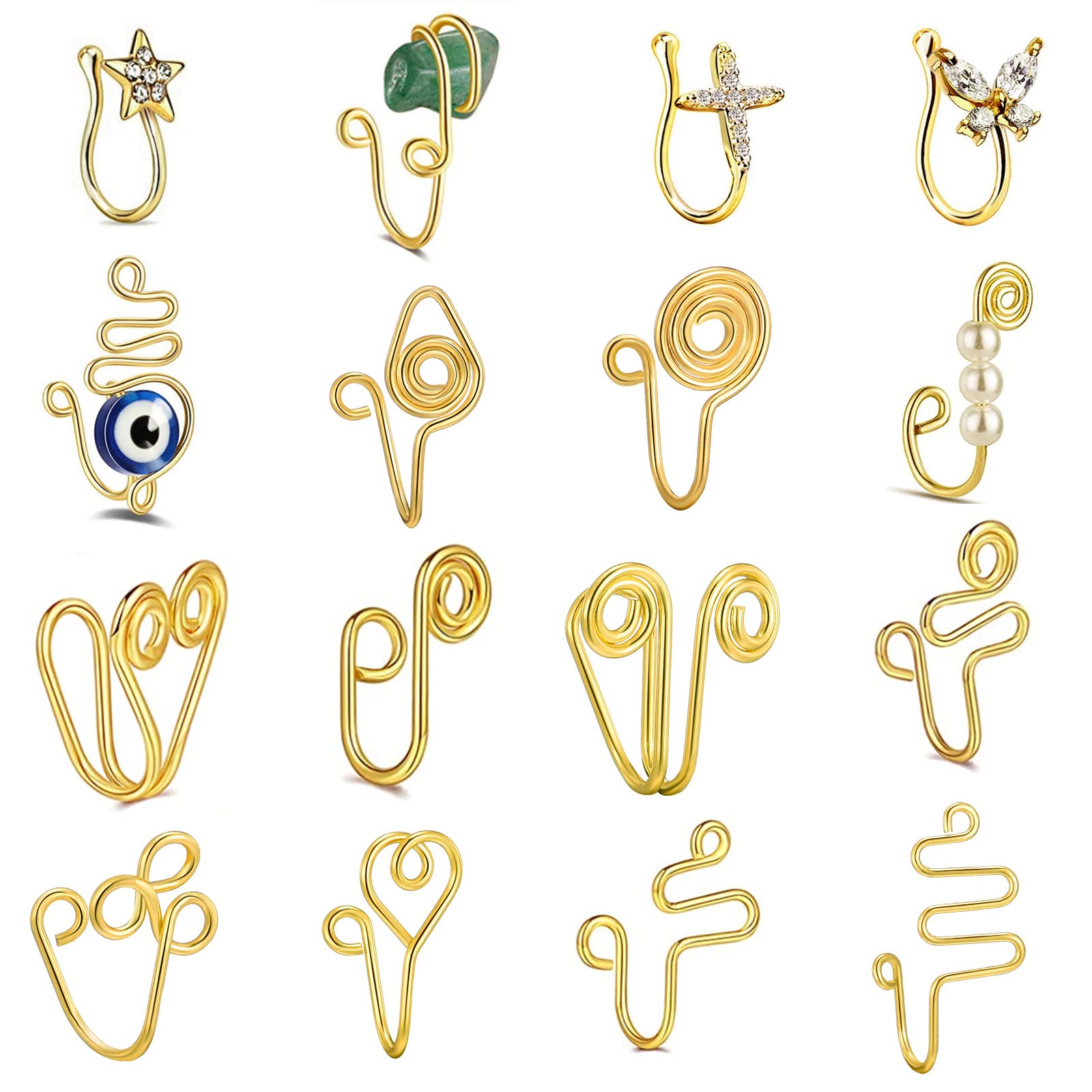 16 Pcs Multi-Style Fake Septum Fake Nose Ring Hoop- African Nose Cuff Non Piercing Nose Cuffs for Non Pierced Nose - Fake Nose Rings Hoops- Fake Nose Ring Stud - Clip on Nose Ring for Fake Piercing