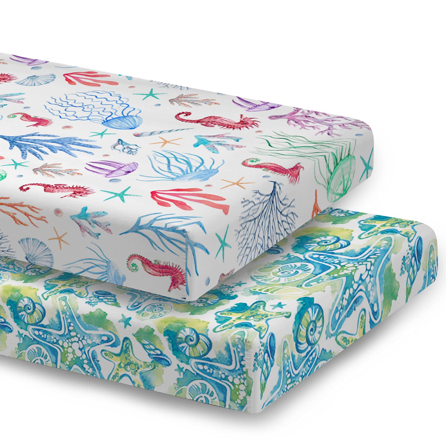 ARIGHTEX Crib Sheets Set for Boys & Girls, Soft Toddler Sheets Watercolor Sea Shell Corals Starfish Printed, Breathable Cozy Baby Sheets, 28 x 52in Fits Standard Size, 2 Pack