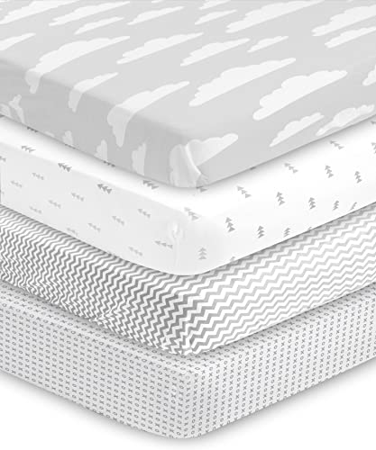 BaeBae Goods Premium Crib Sheets for Baby Boys and Girls, 4 Pack, Soft and Breathable Jersey Knit Fitted Sheet Set, Grey and White, Cute Gender Neutral Nursery Mattress Bedding, Universal Fit