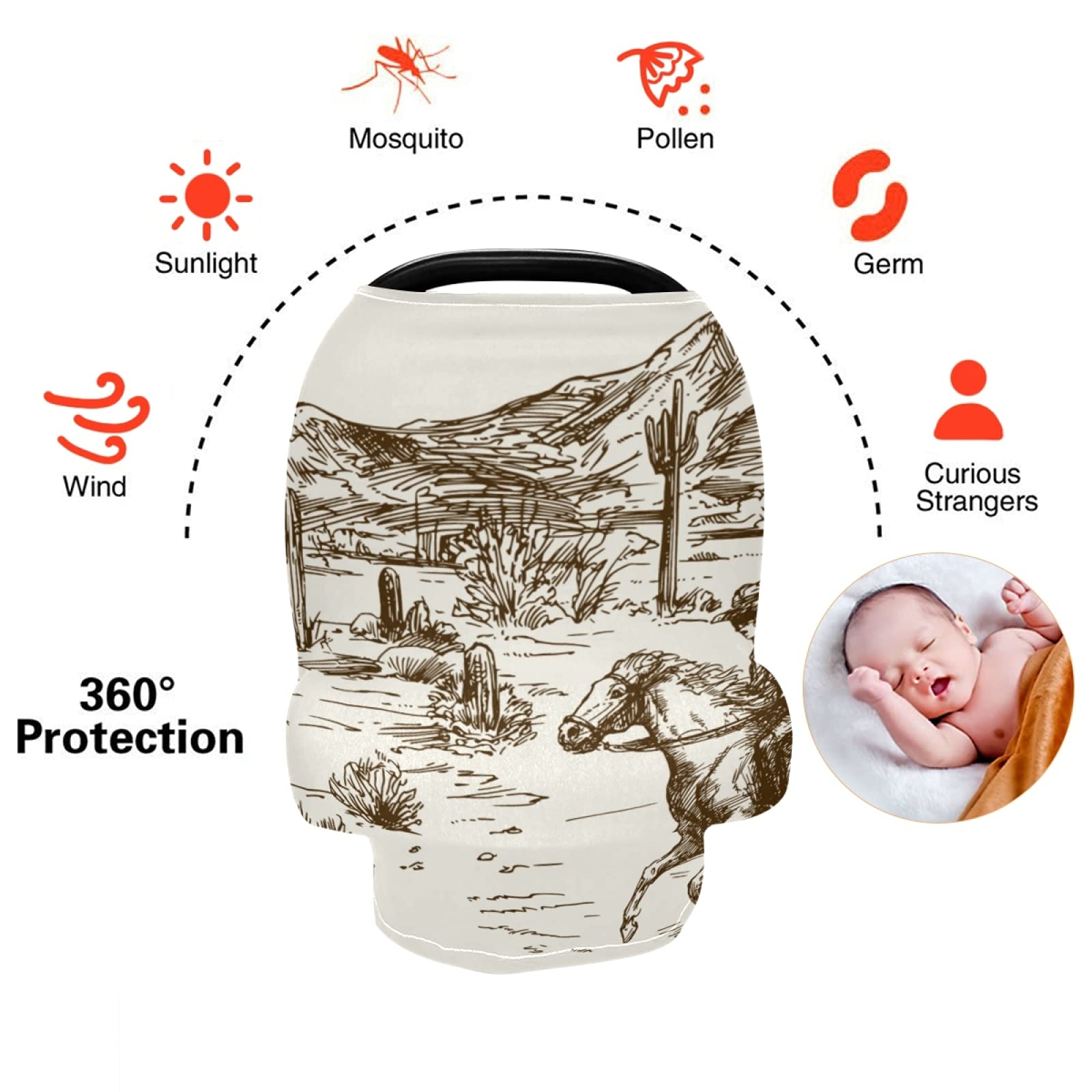 xigua Soft Baby Car Seat Covers Canopy for Infants Strollers Canopies for Newborns Babies Nursing Apron Cover for Breastfeeding, Western Desert Cowboy
