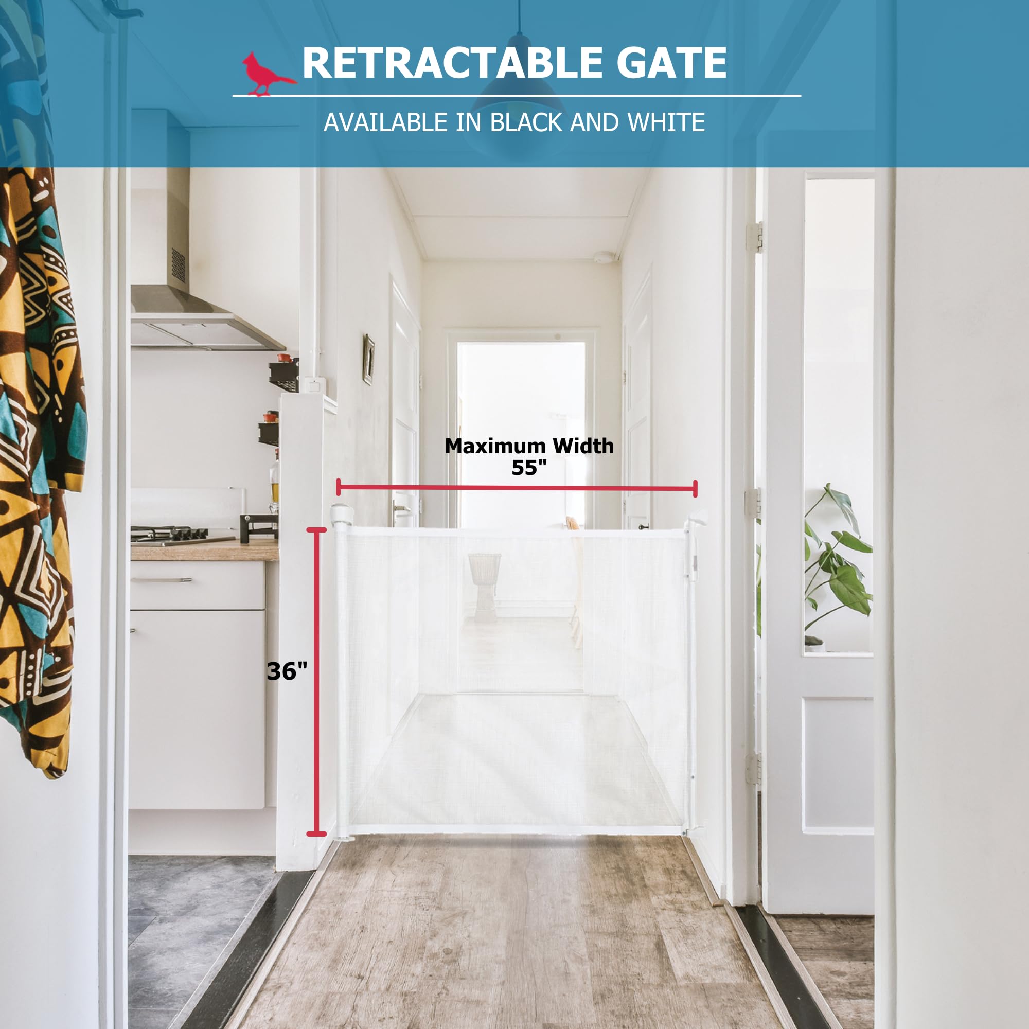 Cardinal Gates RETG Retractable Baby Gate - Mesh Retractable Dog Gate - Extends Up to 55 Inches Wide - 36 Inches Tall - White