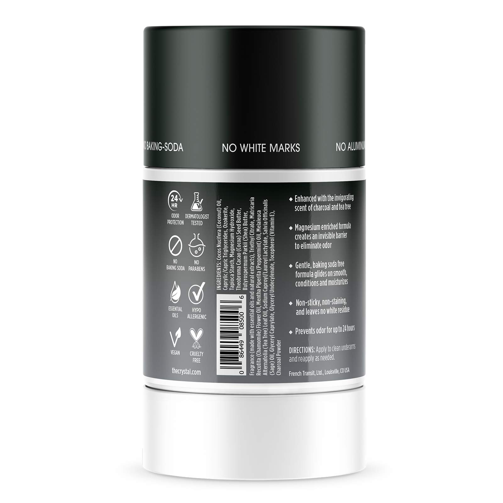 Crystal Magnesium Solid Stick Natural Deodorant, Non-Irritating Aluminum Free Deodorant for Men or Women, Safely and Effectively Fights Odor, Baking Soda Free, Charcoal & Tea Tree, 2.5 oz