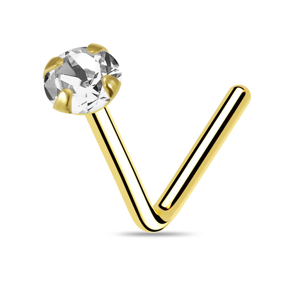 14K Yellow Gold Claw Set 2.5MM Clear Round Crystal Stone 22 Gauge L Shape Nose Stud Piercing Jewelry