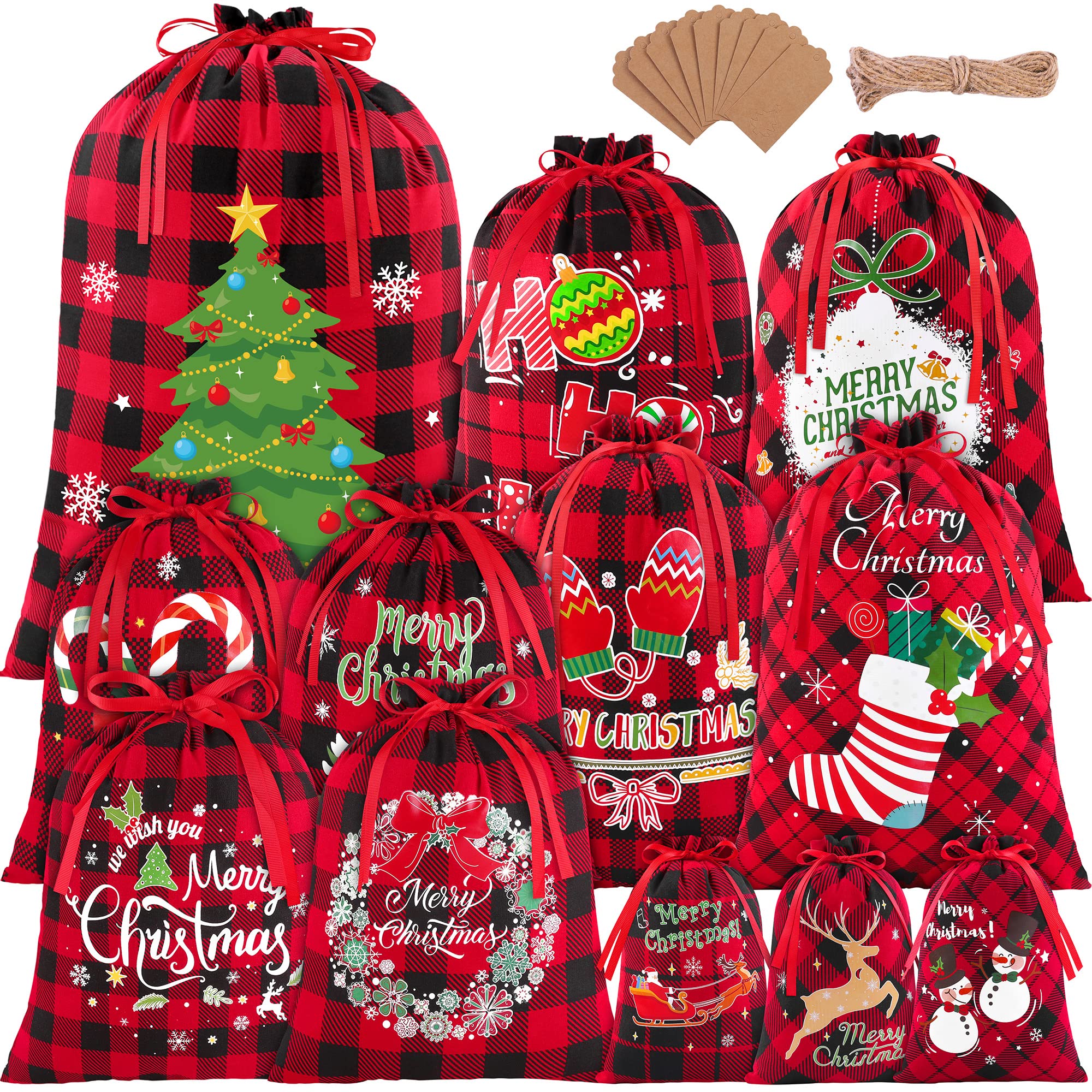 Aneco 12 Pieces Christmas Drawstring Gift Bag with Drawstrings Red and Black Buffalo Plaid Fabric Bag with Drawstring Cotton Xmas Candy Bags with 24 Tags Rope, Assorted Sizes