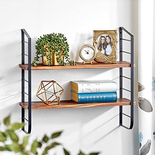 mDesign 2-Tiered Floating Shelf β Long Bookshelf with Rust-Resistant Metal Brackets β Wall Shelf for Bathroom, Kitchen, Office etc. β Black/Natural