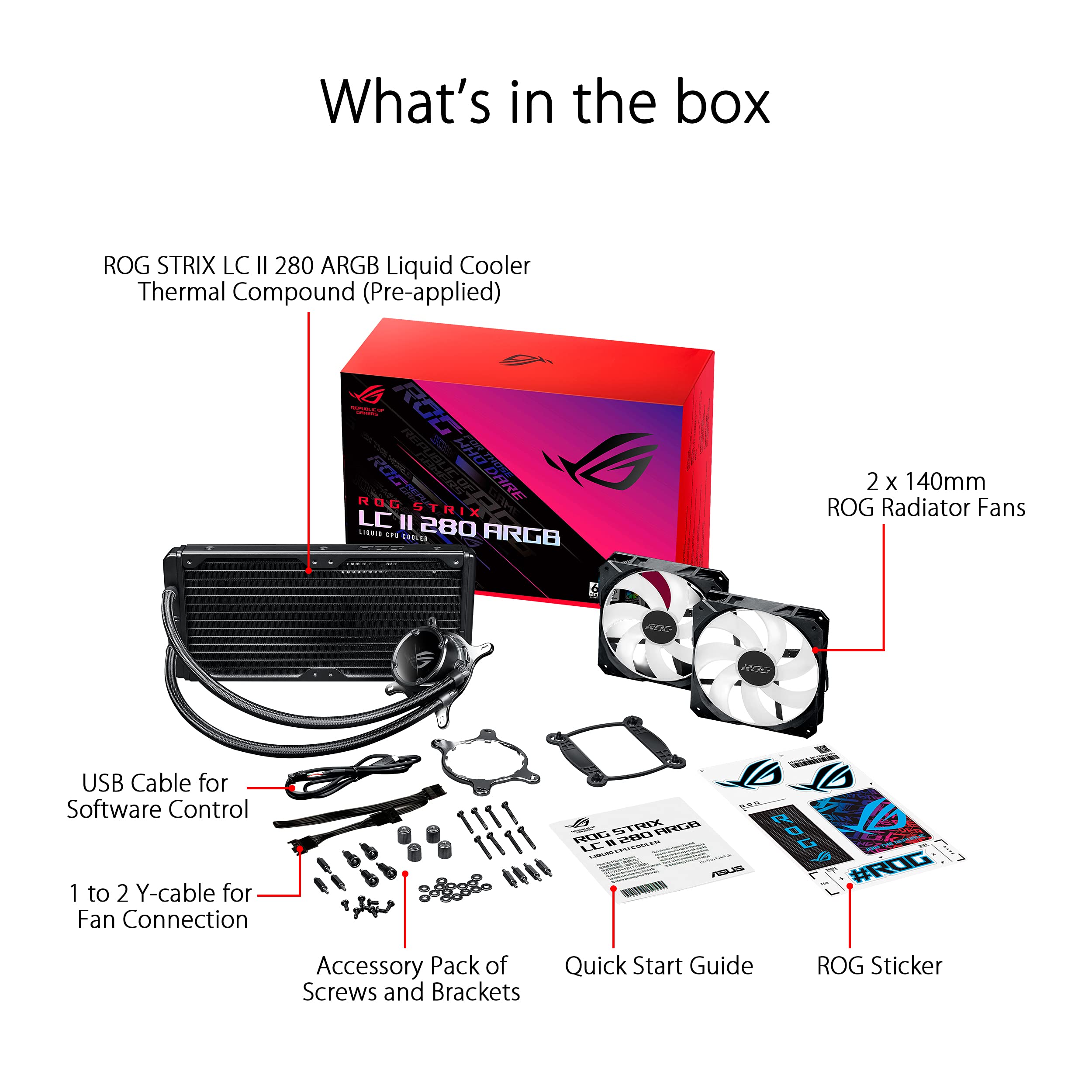ASUS ROG Strix LC II 280 ARGB all-in-one liquid CPU cooler(AIO) with Aura Sync, AMD AM4/TR4, and Intel LGA 1150/1151/1155/1156/1200/2066 support, dual ROG 140 mm addressable RGB radiator fans