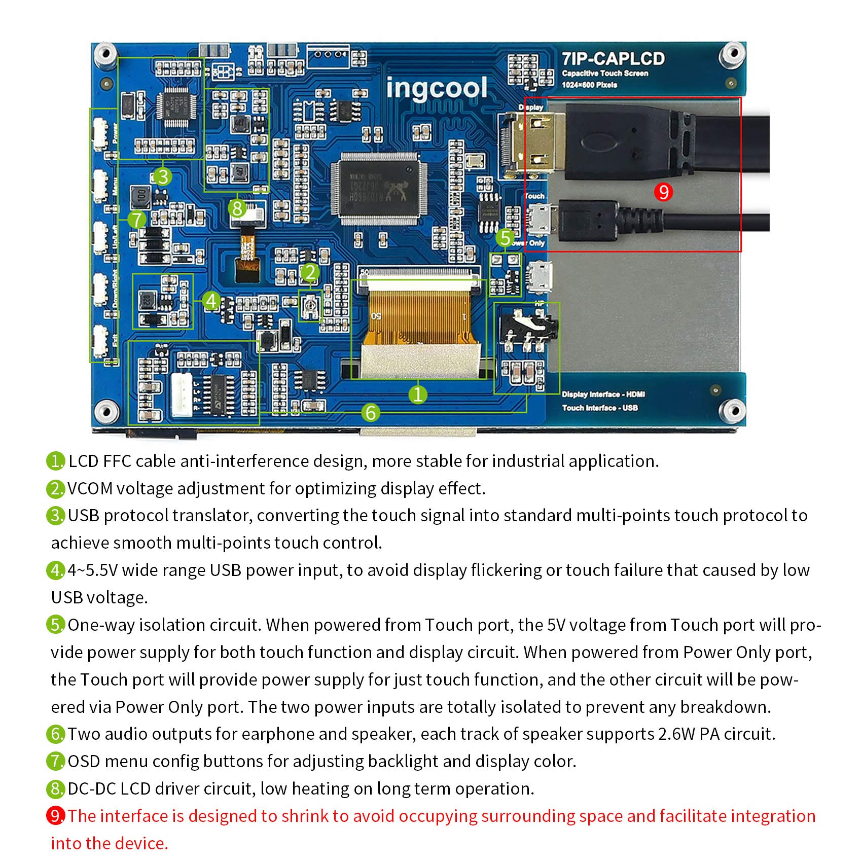 Ingcool 7 inch Raspberry Pi Screen Display 1024x600 7'' HDMI LCD IPS Touchscreen Monitor for Raspberry Pi 4 3 Zero B+ B A+, Jetson Nano, Windows 10 8 7, Xbox360, PS4, Switch