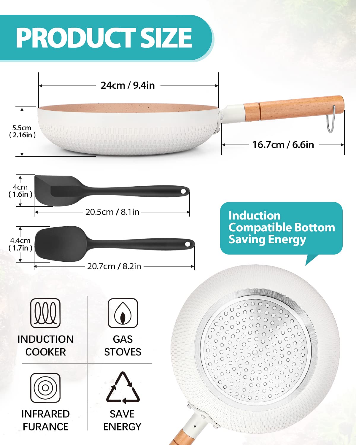 BUNDLEPRO Nonstick Frying Pan, Granite Coating Skillet with Wooden Handle, 9.4'' Induction Compatible White Aluminum Cookware for Cooking Fish, Egg, Chicken, Steak,Vegetables