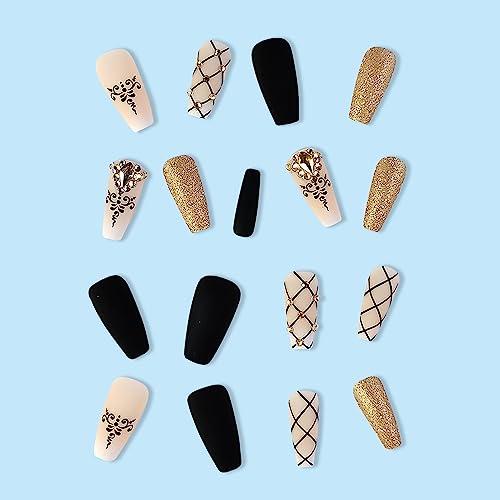 24Pcs Medium Press on Nails, Artificial Acrylic Fake Nails with Golden Rhinestones Designs, Full Cover Reusable Coffin Black Grid False Nails, Glue on Nails for Women Set, Stick on Nails for Nail Art