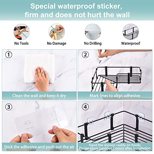 Adhesive Plastic Shower Caddy Bathroom Shower Basket Shelf Wall Mounted No Drilling Shower Storage Rack Organizer Caddy Wall Shelf, Spice Seasoning Rack Seasoning Organizer for Kitchen (MetalBlackCaddy_1Pk)