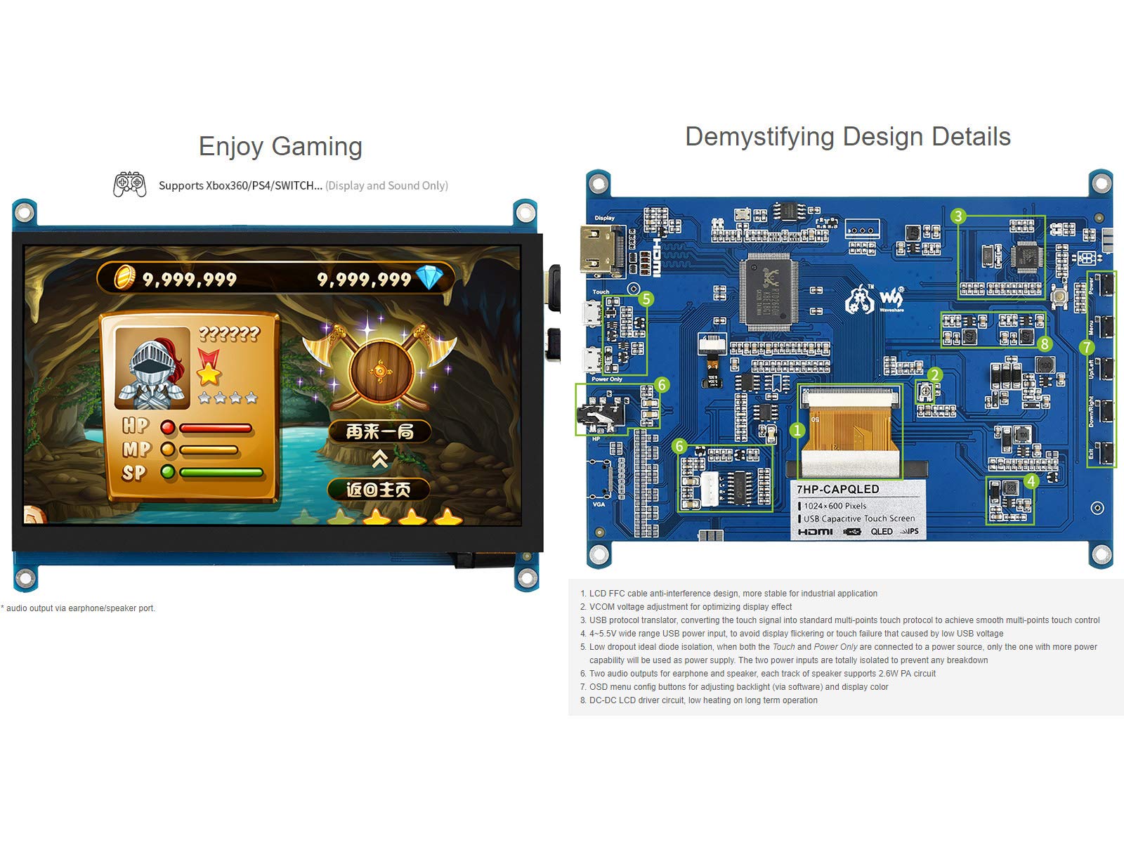 waveshare 7inch QLED Quantum Dot Display Compatible with Raspberry Pi 4B/3B+/3A+/2B/B+/A+/Zero/Zero W/WH/Zero 2W CM3+/4 Capacitive Touch 1024×600 Resolution Supports Jetson Nano/Windows