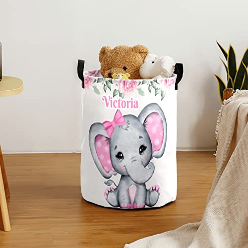 Adorable Elephant Girl Large Storage Basket Personalized Laundry Hamper with Name Bathroom Home Decor Collapsible Round Storage Bin Boxes Clothing for Gift, 19.69''(height) x 14.17''(diameter)