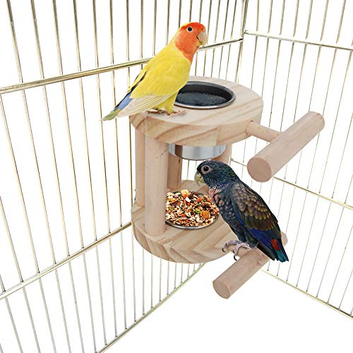 Bird Feeding Cups with Wooden Perch Stand, Bird Cage Stainless Steel Food Water Feeder with Wooden Platform for Parrot Macaw African Greys Budgies Parakeet Cockatiels Conure Lovebirds Finch Pigeon