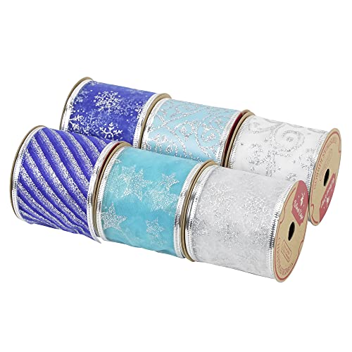AIMUDI Blue and Silver Christmas Ribbon Wired 2.5" Ice Blue Christmas Tree Ribbon Garland 6 Rolls 36 Yards Turquoise Blue Ribbon for Christmas Tree Topper Bows, Crafts, Gift Wrapping, Wreaths
