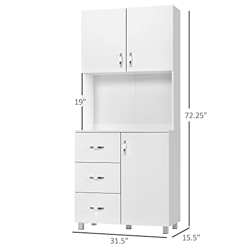 HOMCOM Freestanding Kitchen Pantry, Buffet with Hutch Storage Organizer with 2 Door Cabinets, 3 Drawers and Open Countertop, Adjustable Shelf, White