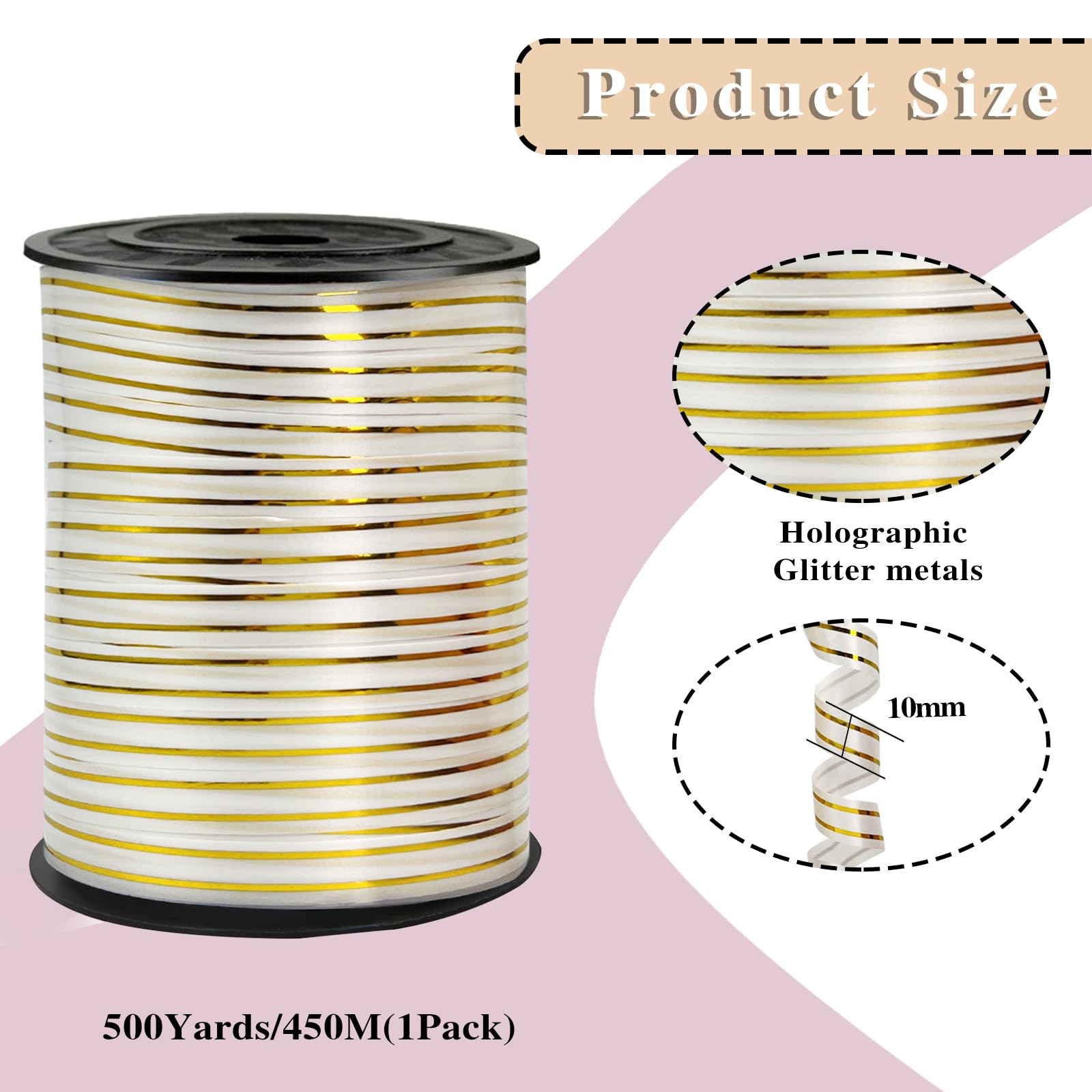 219 Yards Curling Ribbon-White Gold Rimmed Balloon Curling Ribbons,Balloon String,for DIY Decor Ribbons and Bows Wedding, Florist Flower