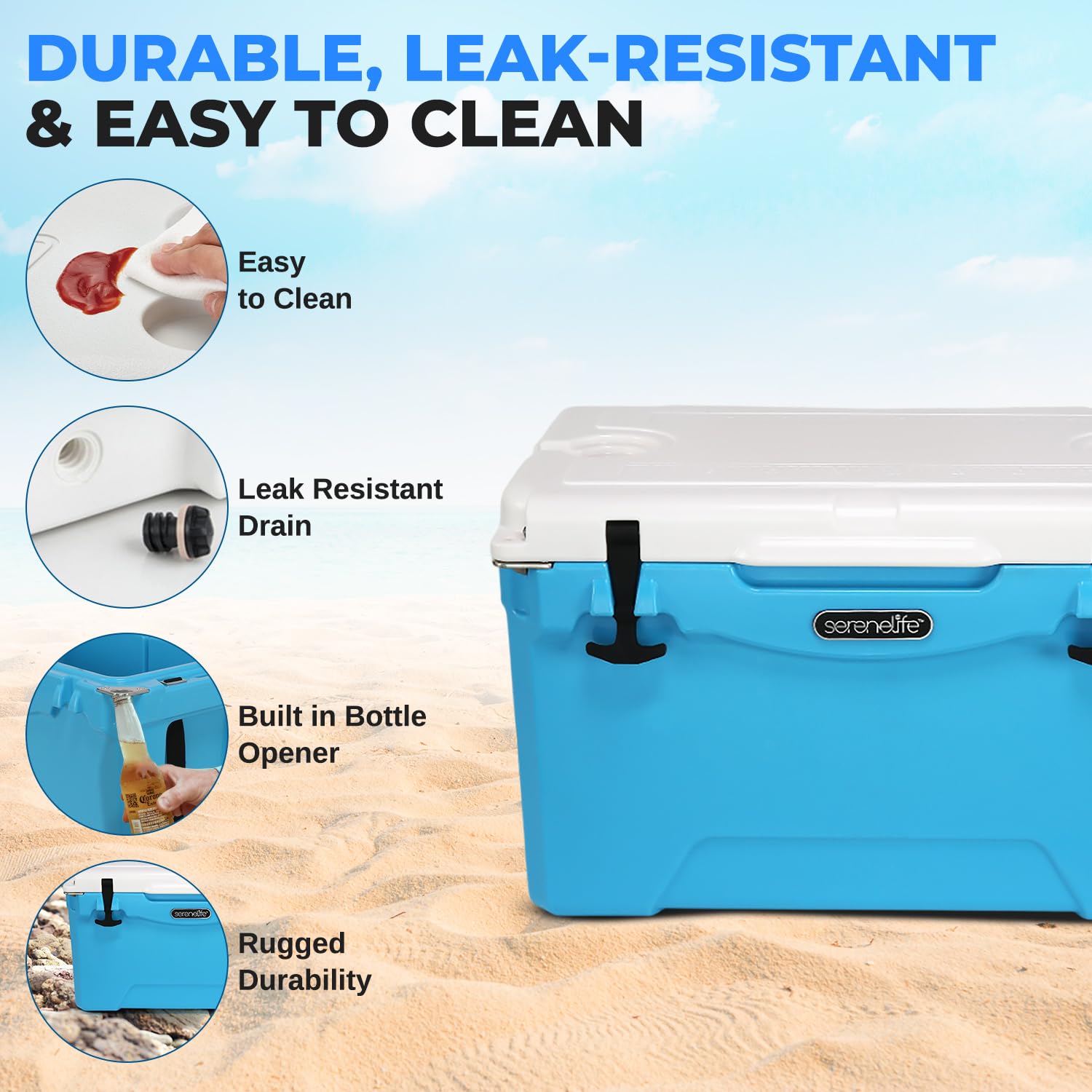 SereneLife Ultra-Tough 35-Quart Rotomolded Cooler Box, Holds Upto 63 Cans, Keeps Ice Up to 5 Days, Heavy-Duty Insulated Portable Ice Chest Box, Ideal for Camping, Beach, and Outdoor Adventures
